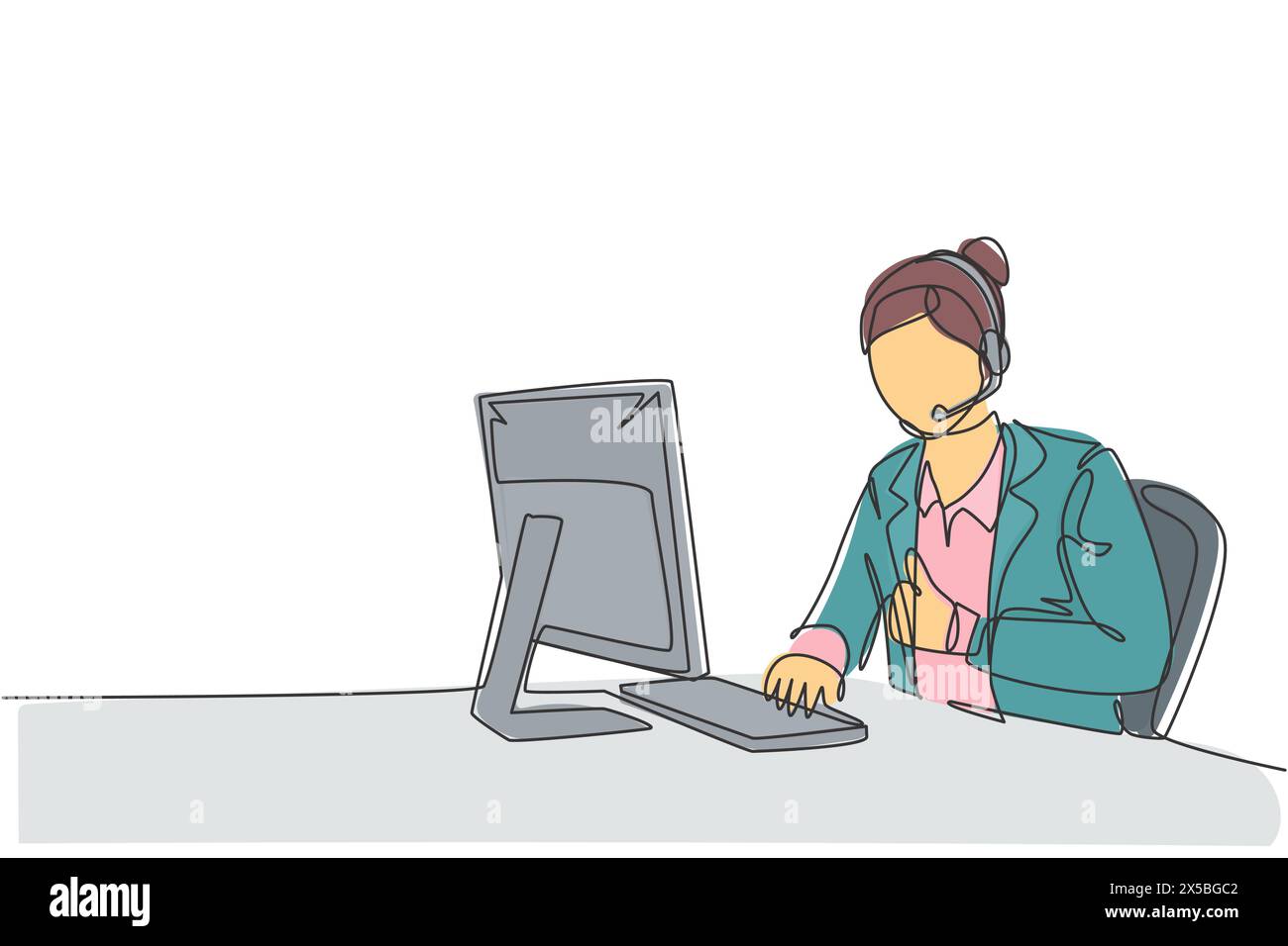 Single continuous line drawing of young happy female call center worker ...