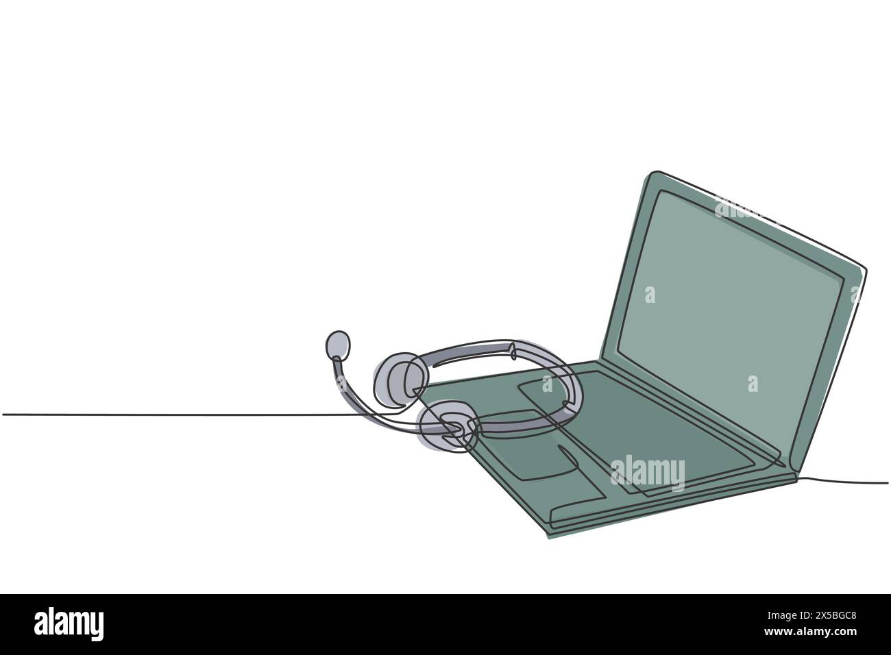 One single line drawing of headphone with microphone and laptop on the ...