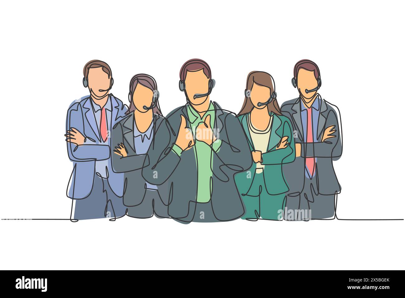 One single line drawing group of male and female customer service team ...