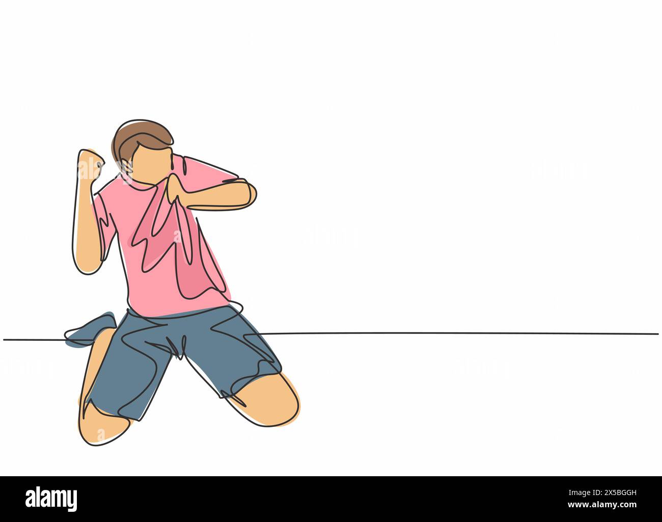 One continuous line drawing of young soccer player kissing the badge on ...