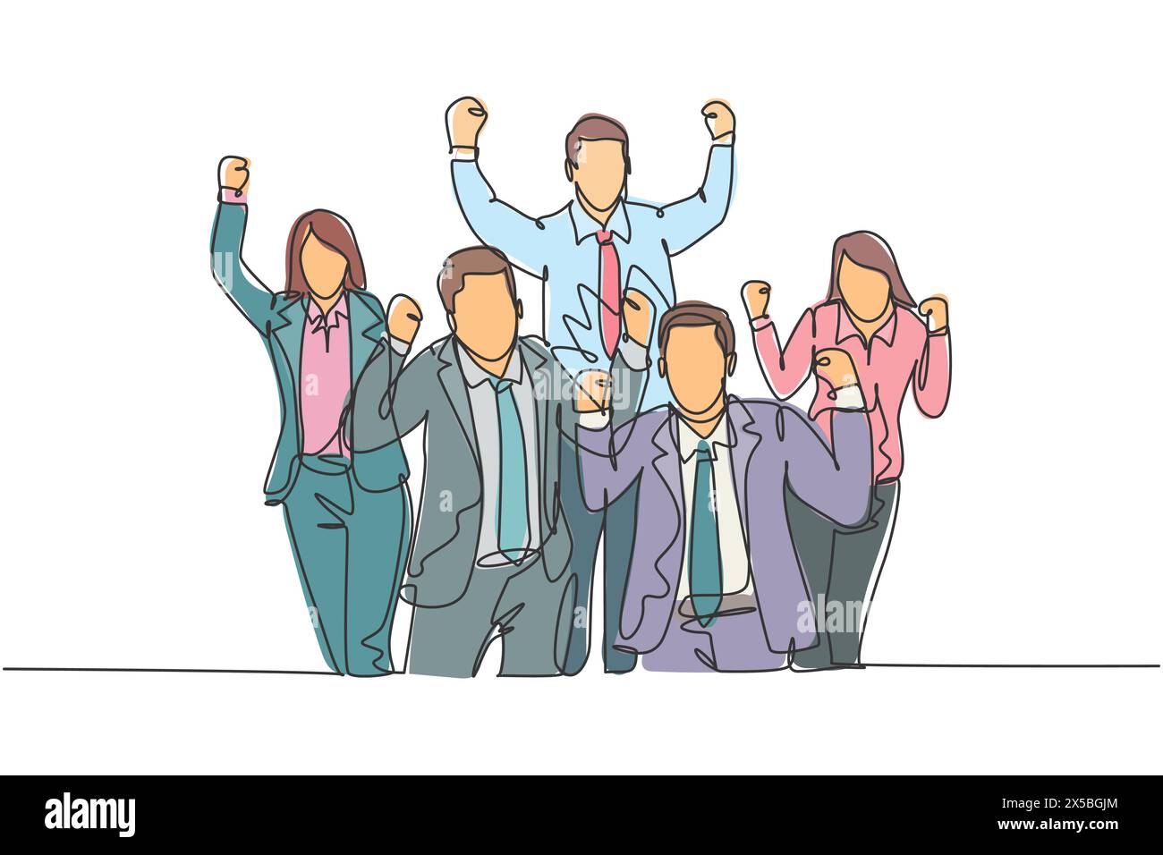 One single line drawing of young happy male and female workers standing ...