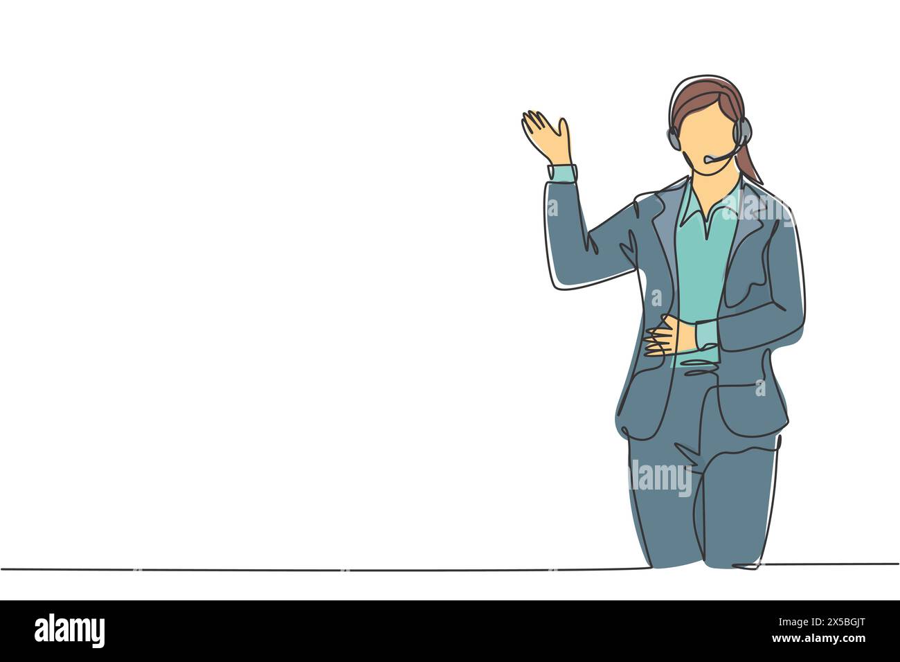 Single continuous line drawing of young happy female consultant giving ...