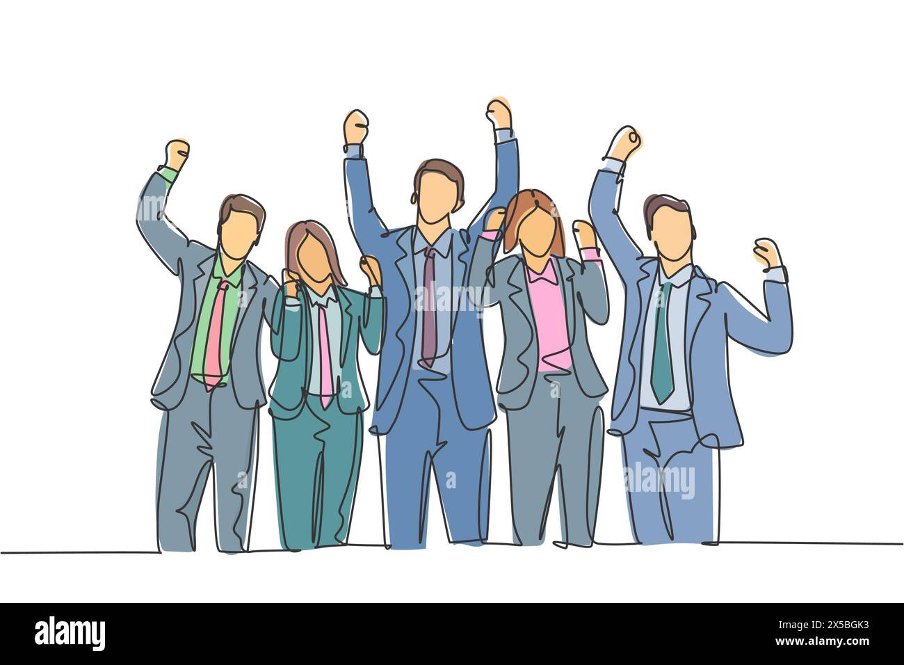 One continuous line drawing of young happy male and female workers line ...