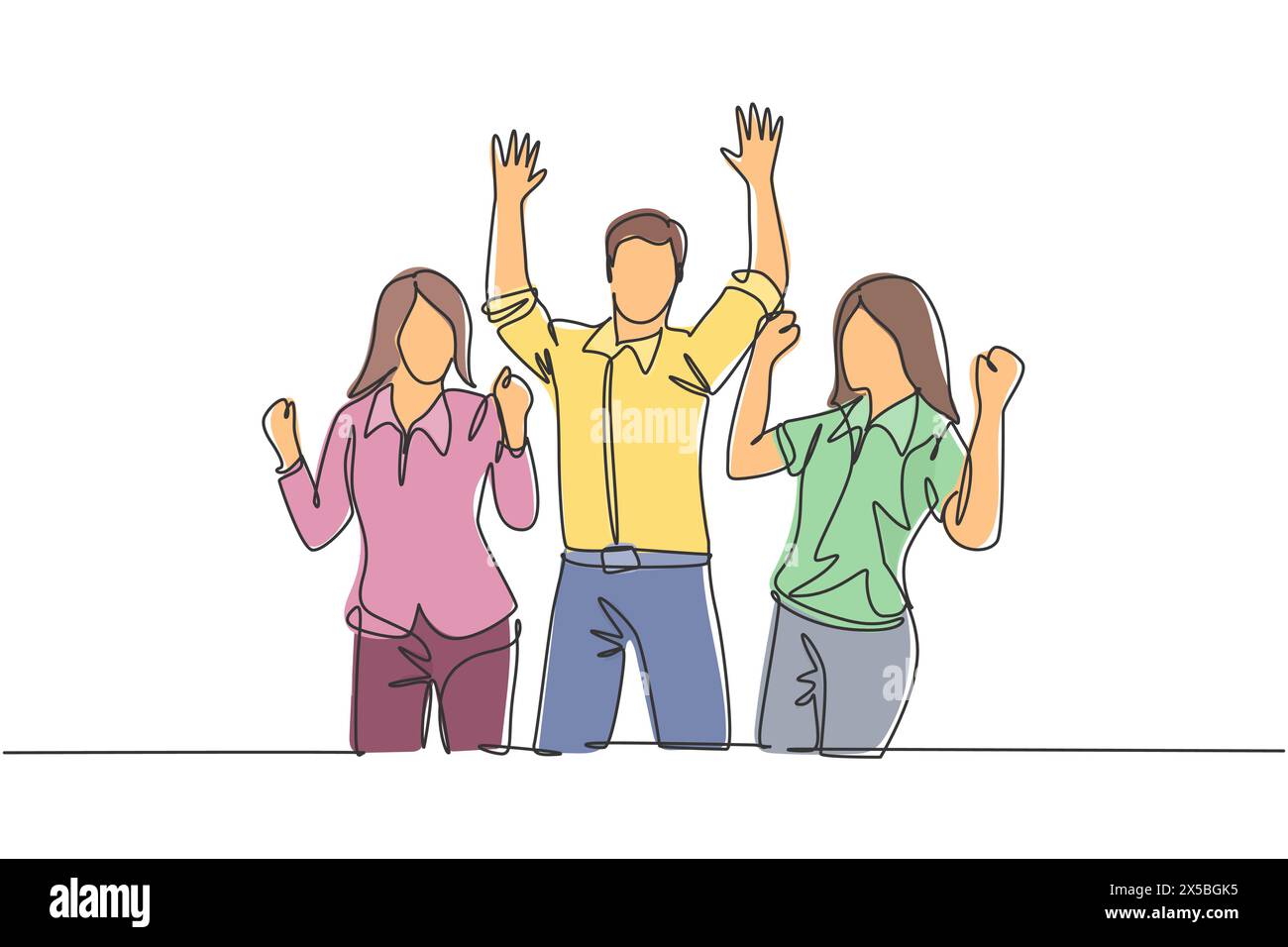 Single continuous line drawing of young happy female and male workers ...