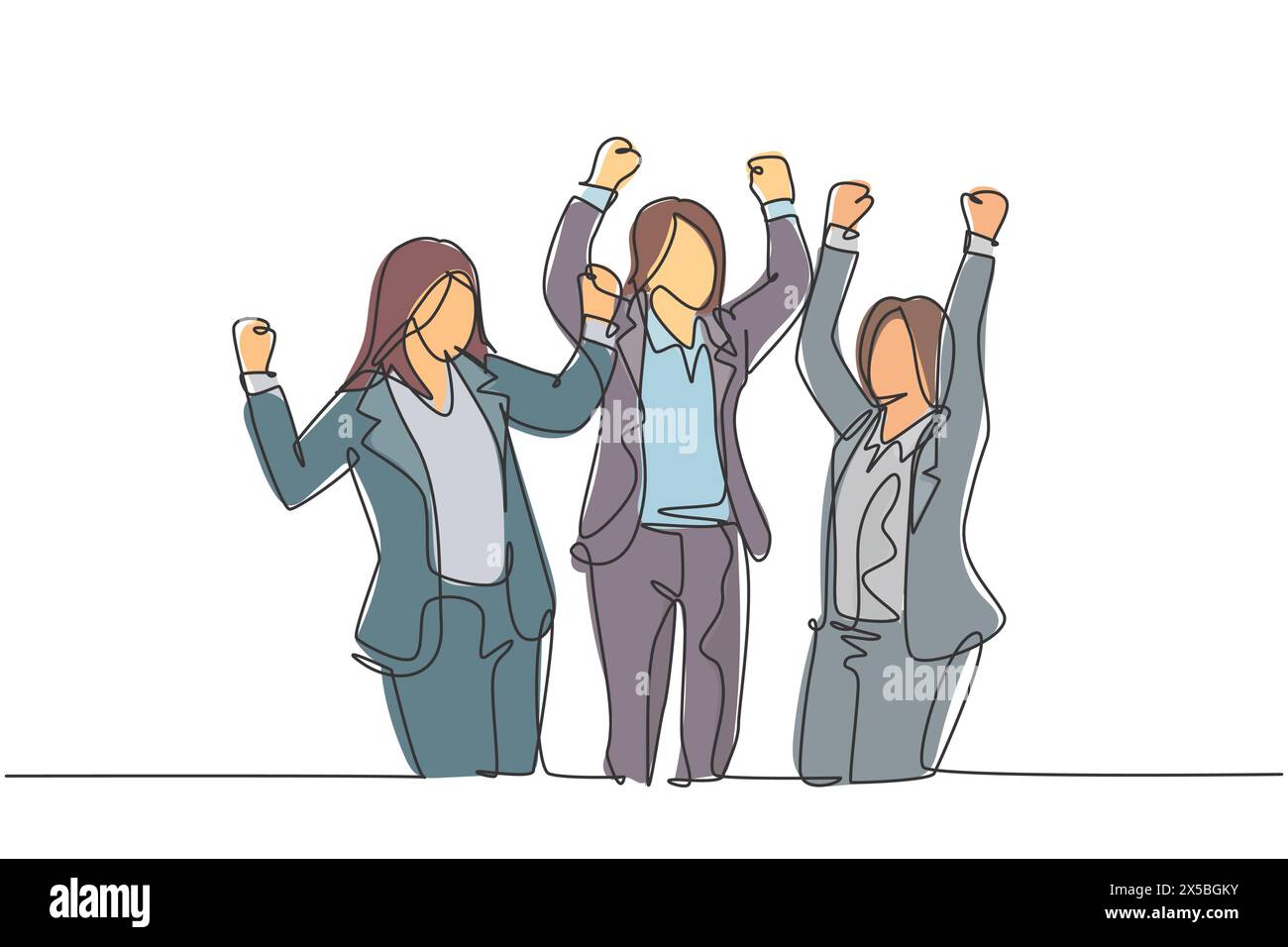 One continuous line drawing of young happy businesswomen prancing with ...