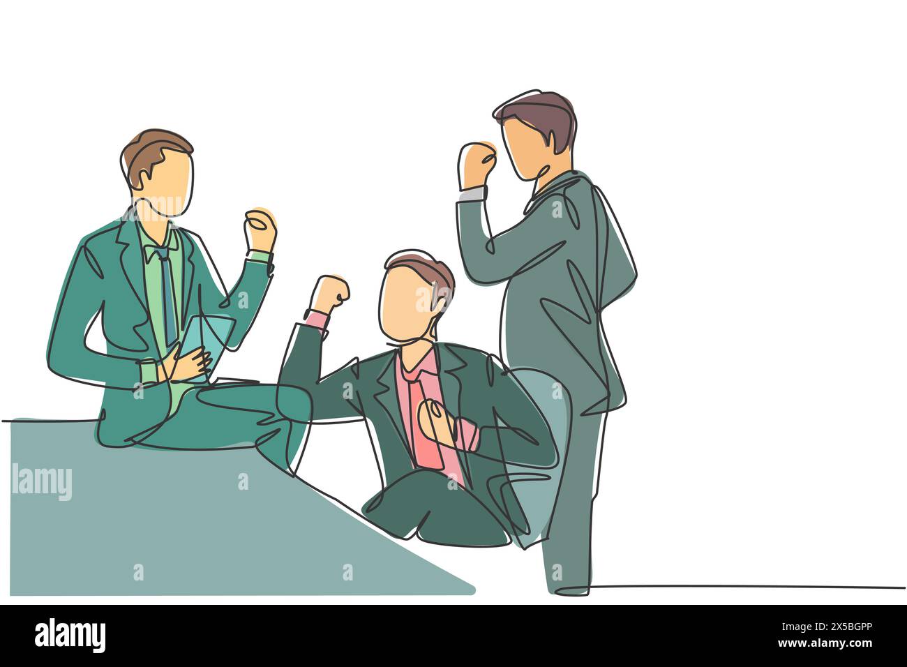 Single continuous line drawing of young happy businessmen celebrating ...