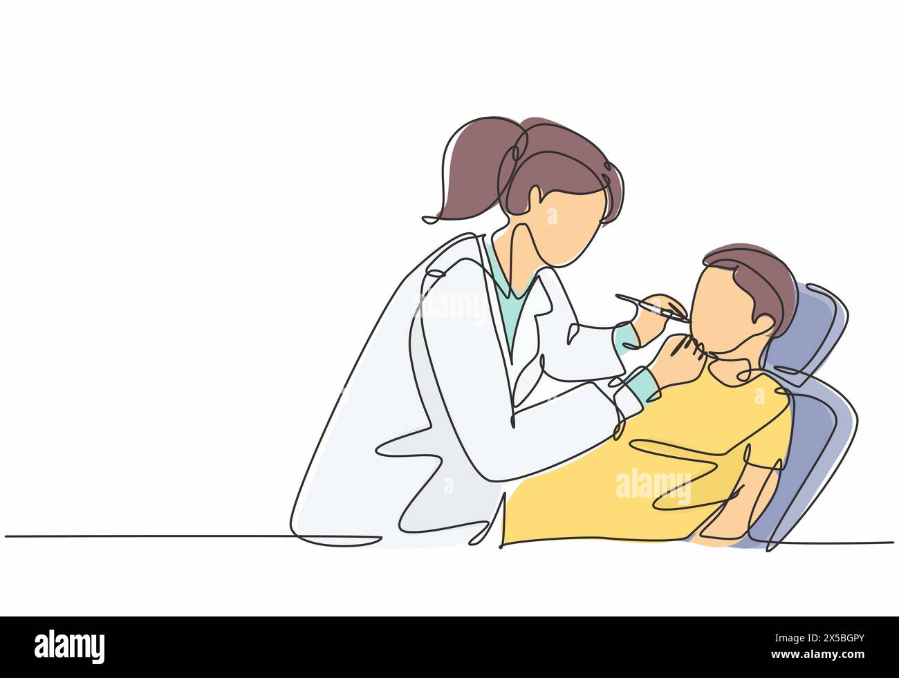 Single continuous line drawing of young happy female dentist examining ...