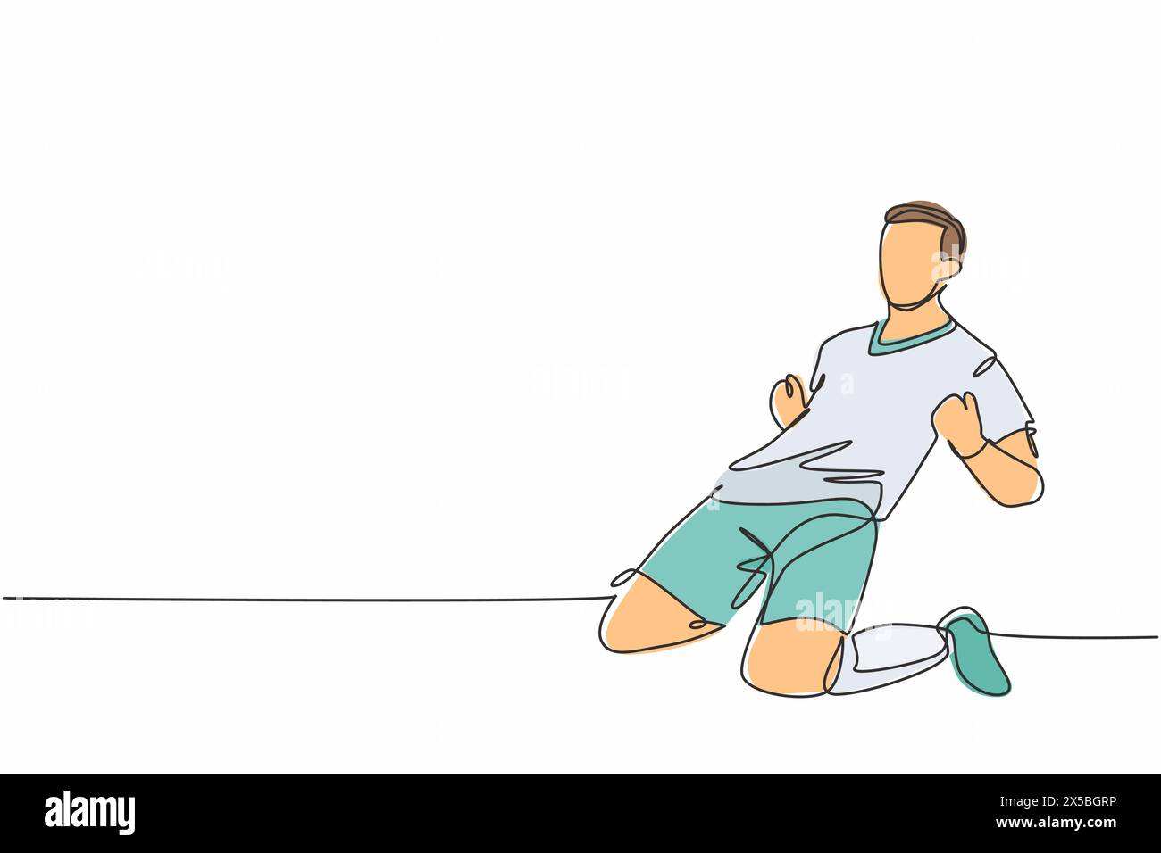 One continuous line drawing of young sporty soccer player sliding on ...