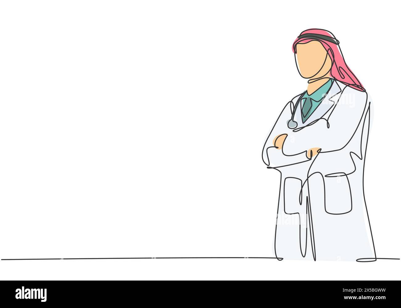 One single line drawing of young muslim Arabian doctor pose standing ...
