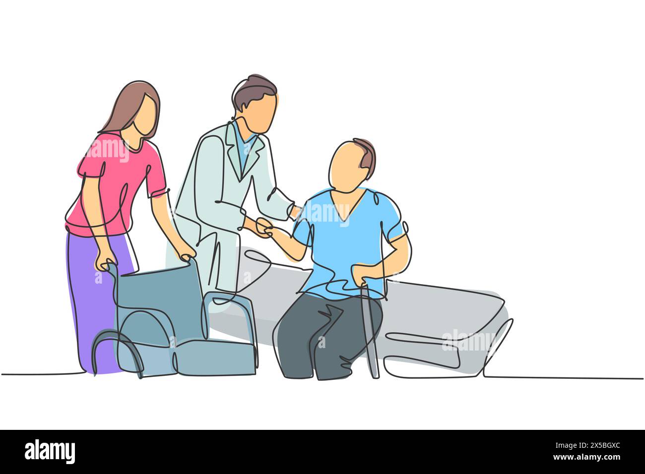 One single line drawing of young male doctor helping old patient get to ...