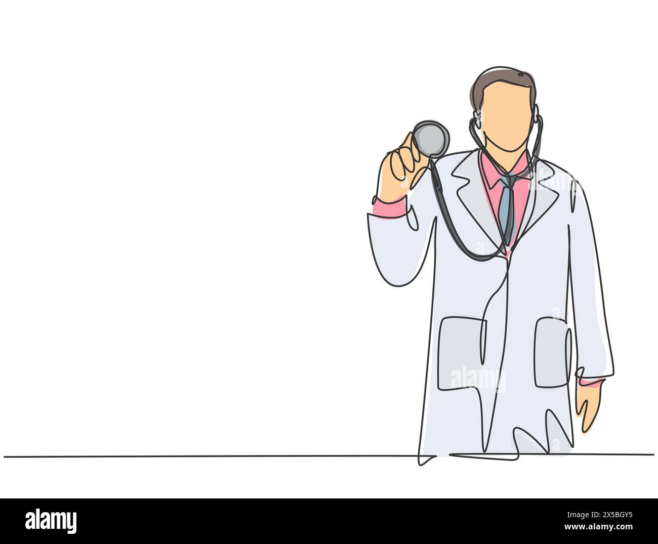 One single line drawing of young happy male doctor pose standing and ...