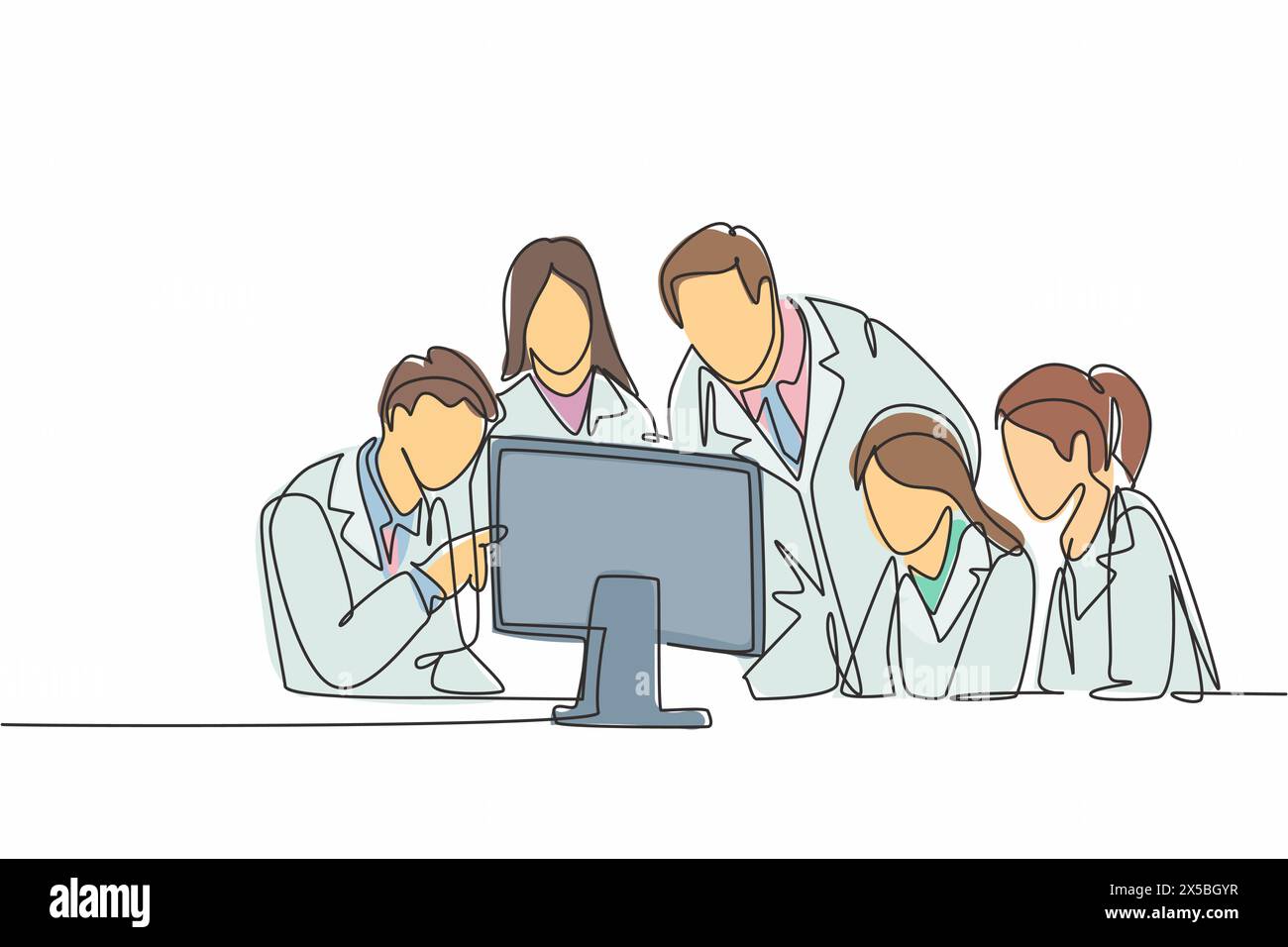 One continuous line drawing group of male and female doctor discus ...