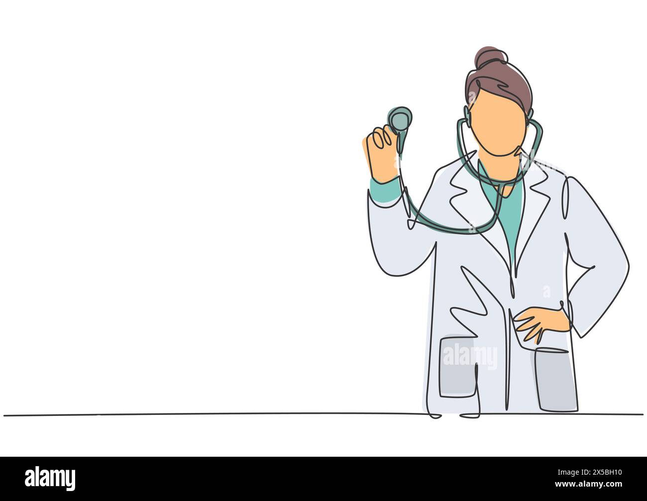 One single line drawing of young happy female doctor pose standing and ...