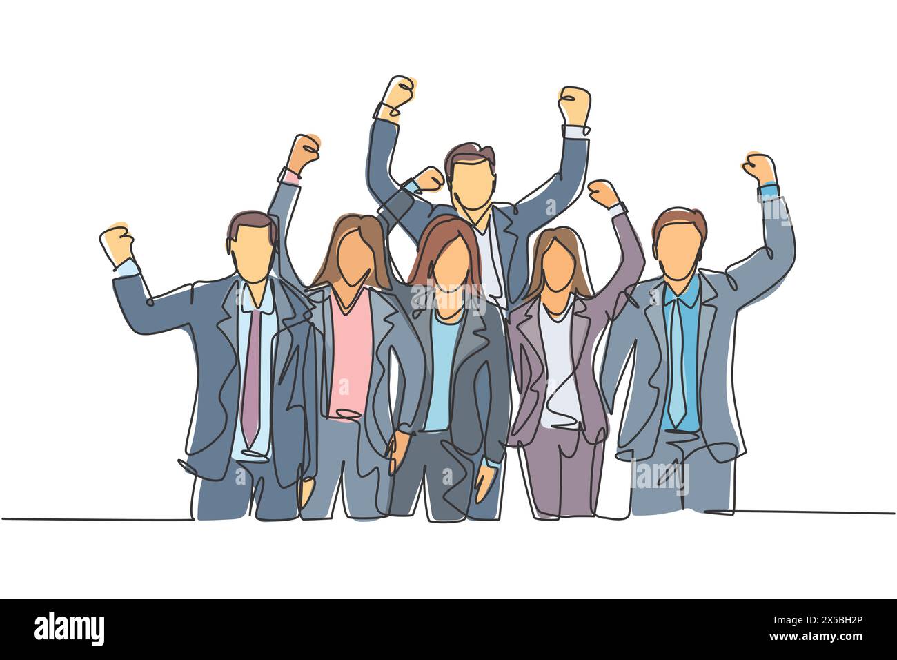 One single line drawing of young happy male and female manager open and ...