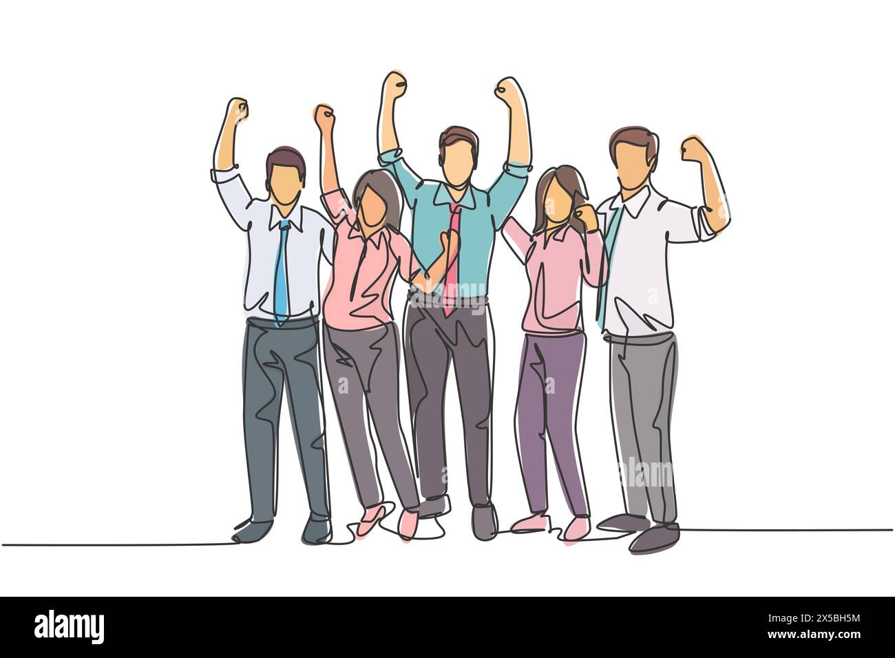 One single line drawing group of young happy male and female workers ...