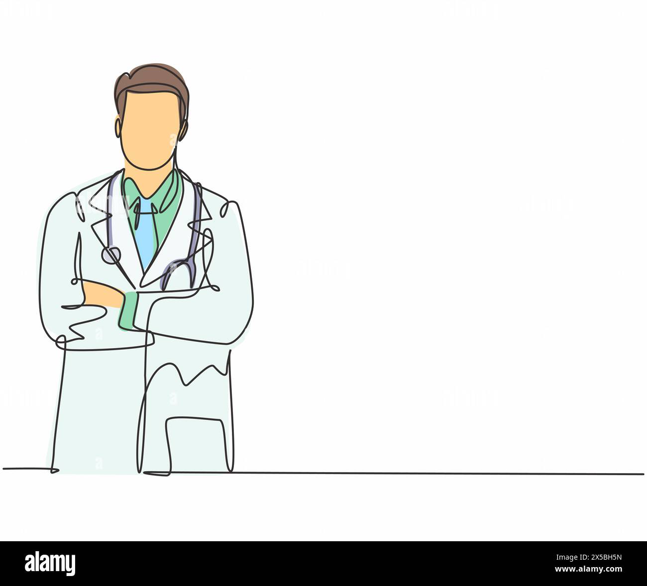 Single continuous line drawing of young happy male doctor pose standing ...