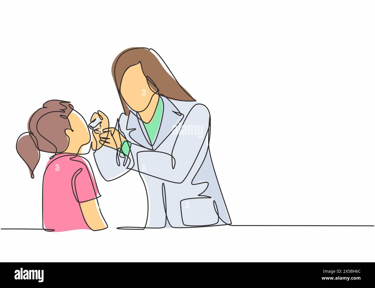 One single line drawing of young happy female dentist examining and do ...