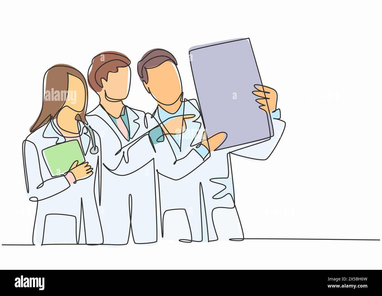 One single line drawing group of young doctor diagnosing patient ...