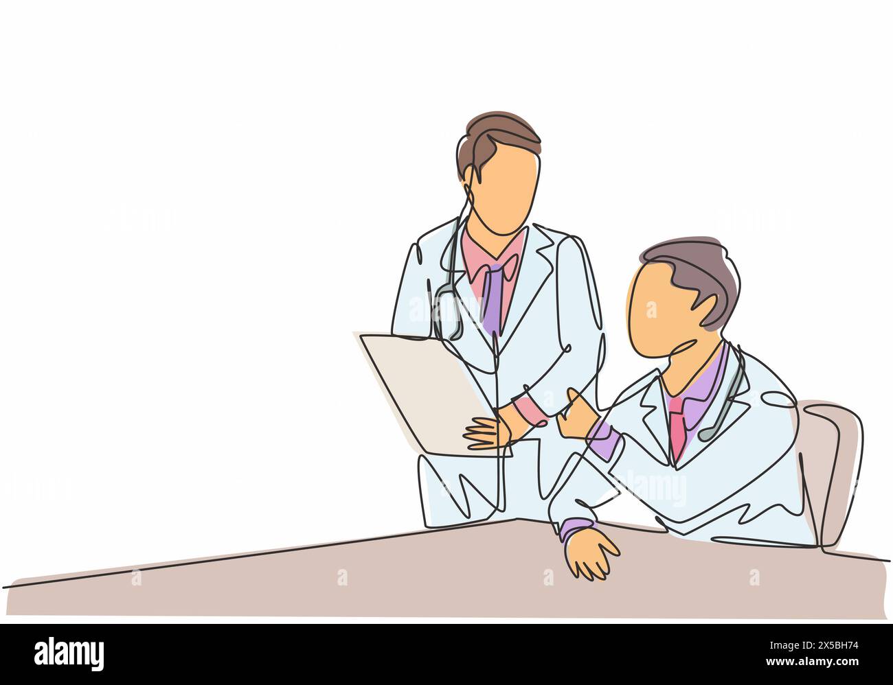 One continuous line drawing of two young doctor discuss and diagnosing ...