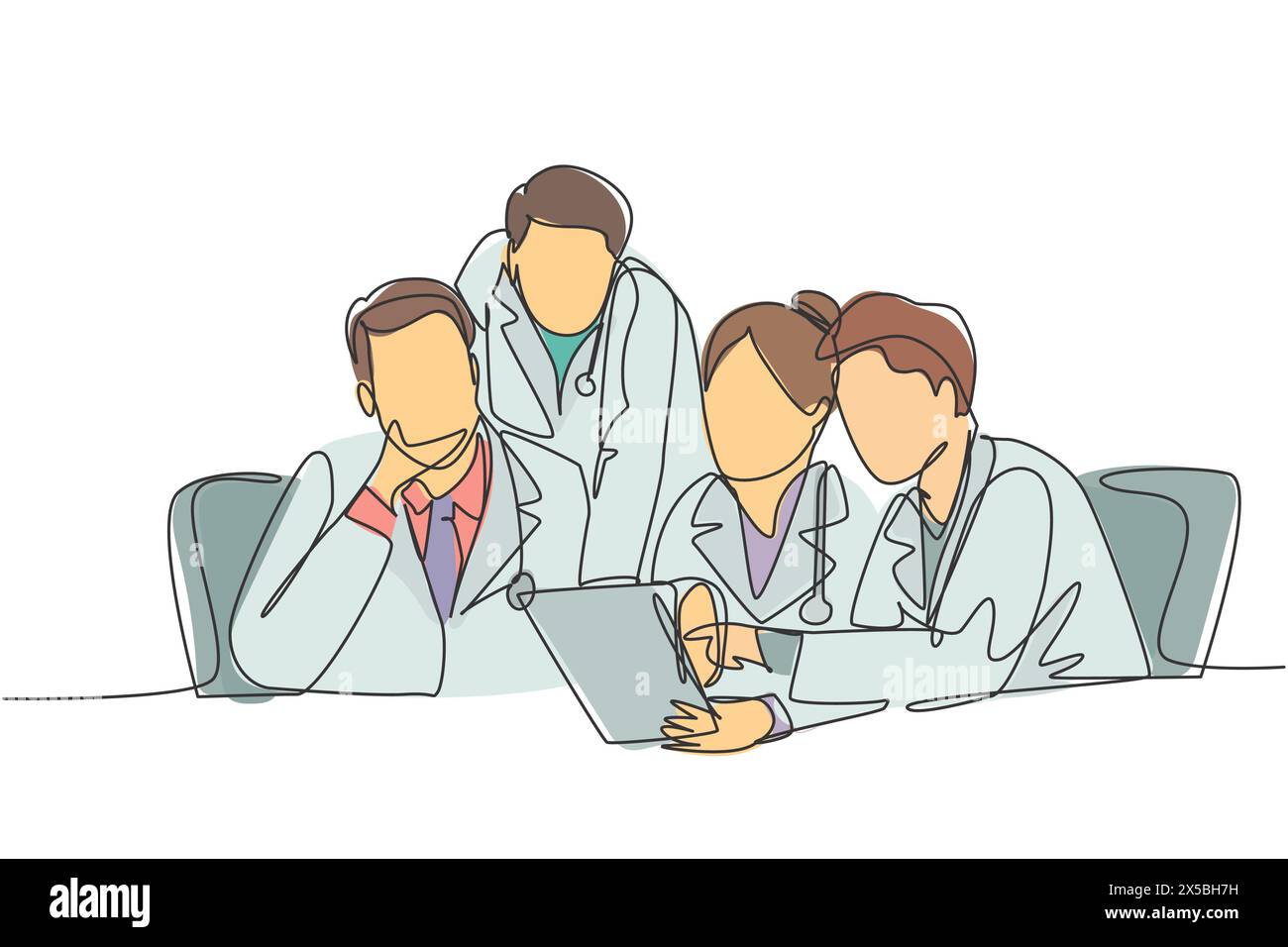 One continuous single line drawing group of male and female doctors ...