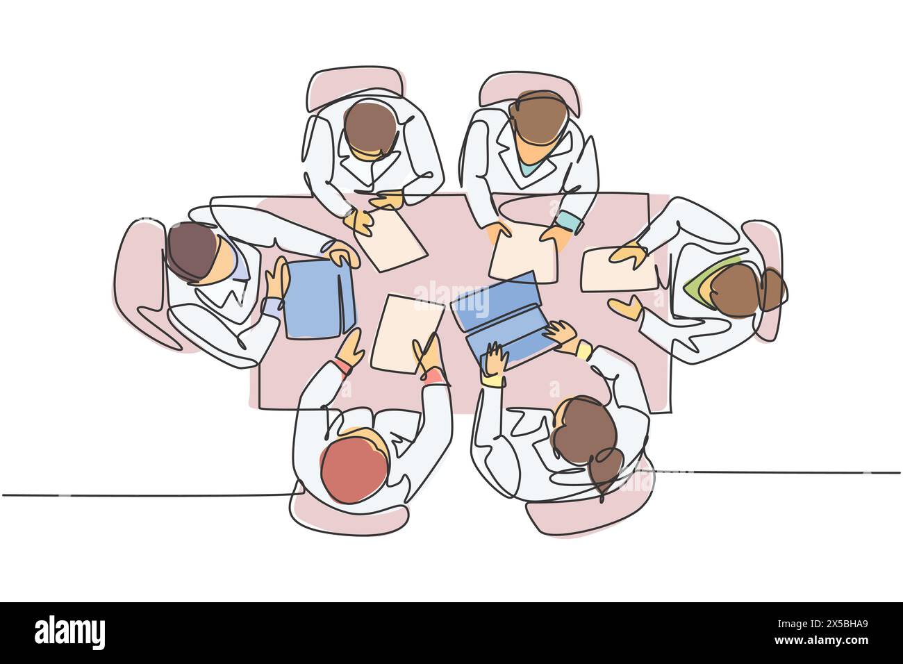 Single continuous single line drawing team of doctors held a conference ...