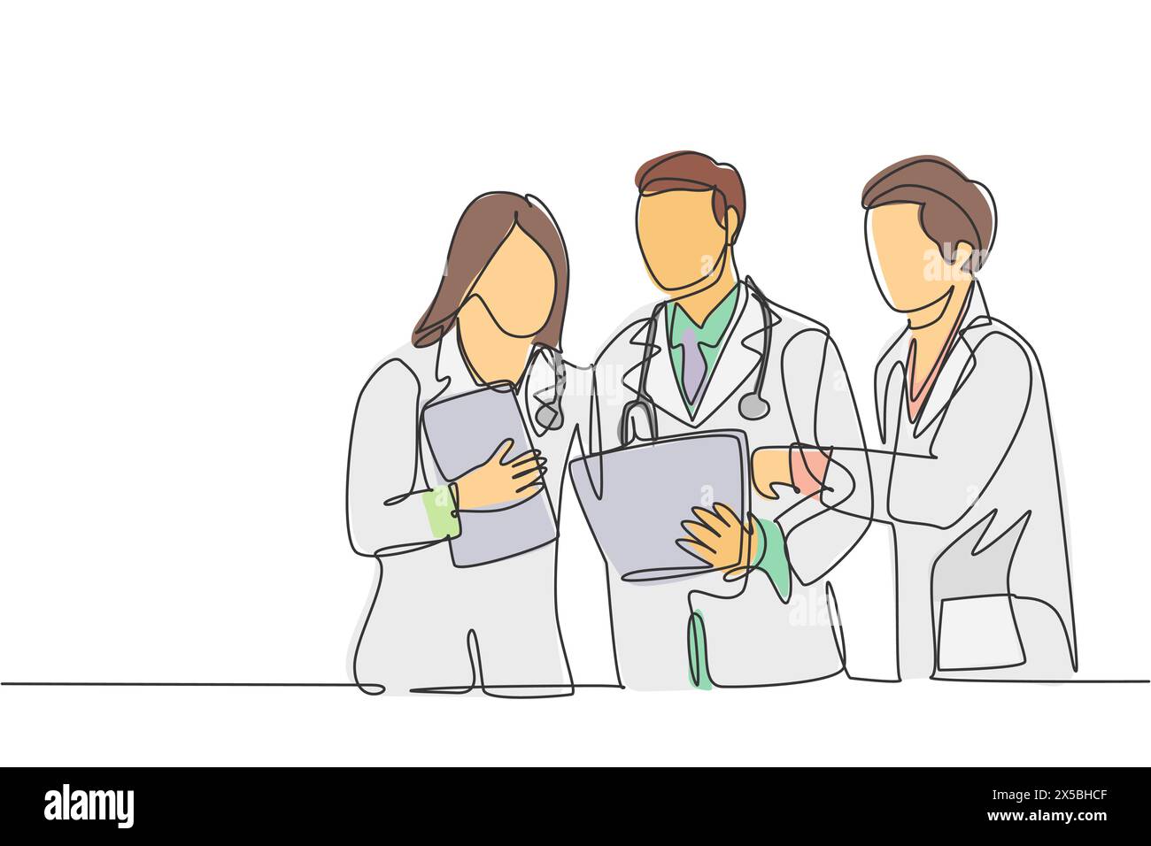One continuous single line drawing of male and female doctors ...