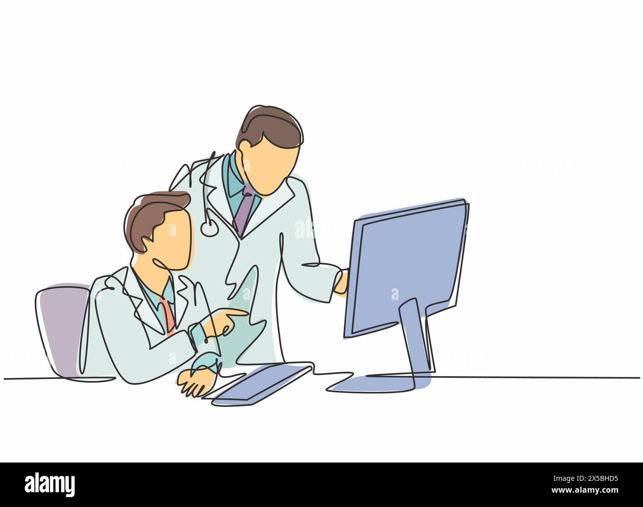 One continuous line drawing of two young male doctors discussing while ...