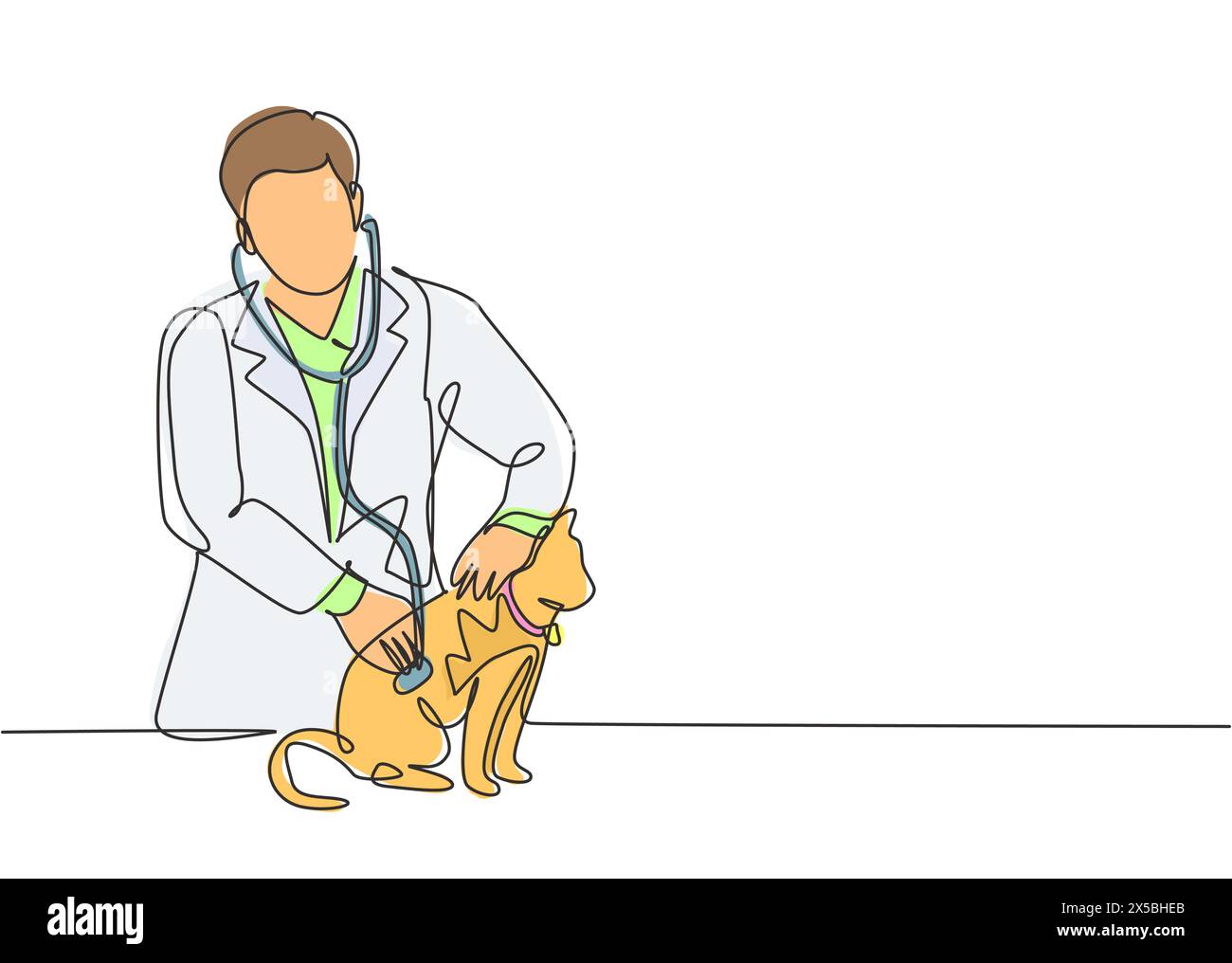 Single continuous line drawing of young male veterinarian examining and ...