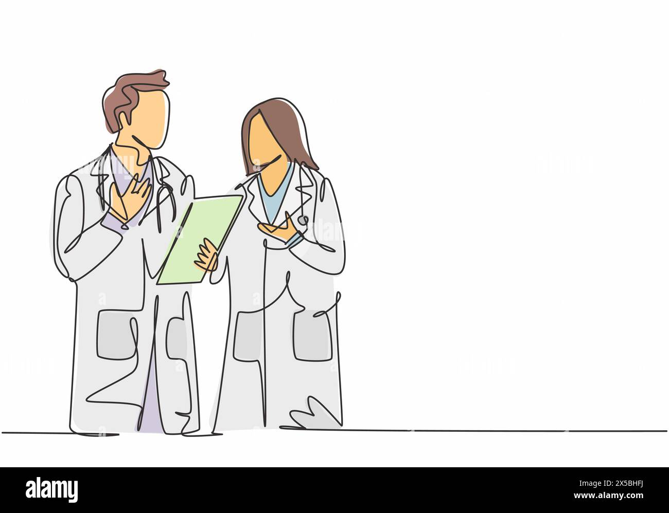 Single continuous line drawing of young male and female doctors talking ...
