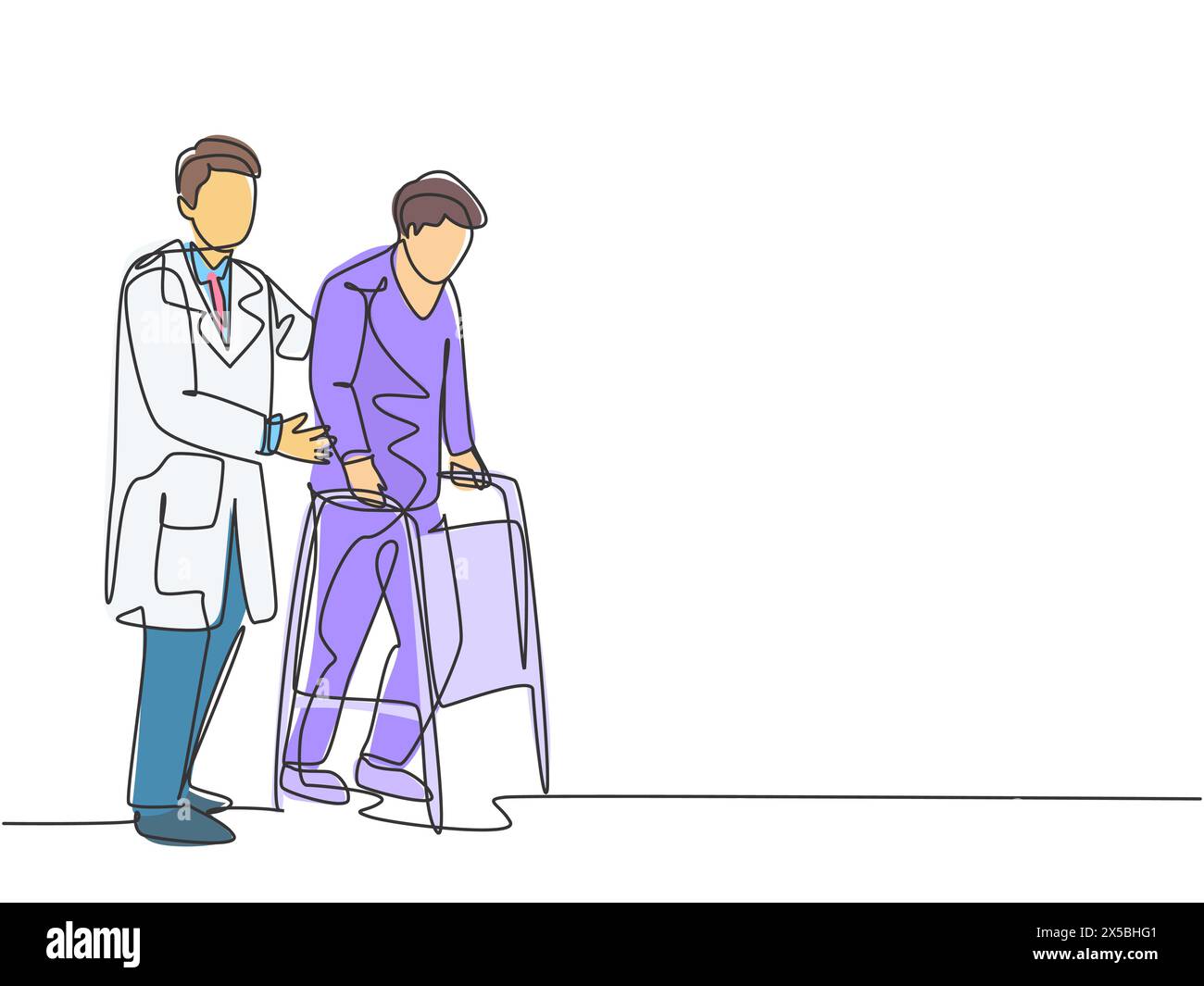 Single continuous single line drawing of young male doctor give help to ...