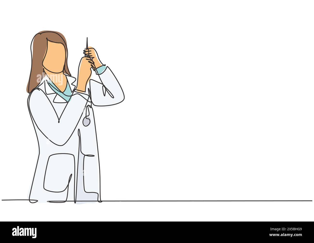 Single continuous line drawing of young female doctor testing syringe ...