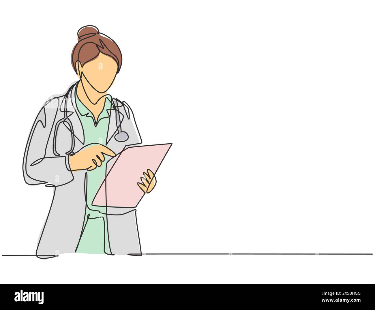 One single line drawing of young female doctor reading patient medical ...