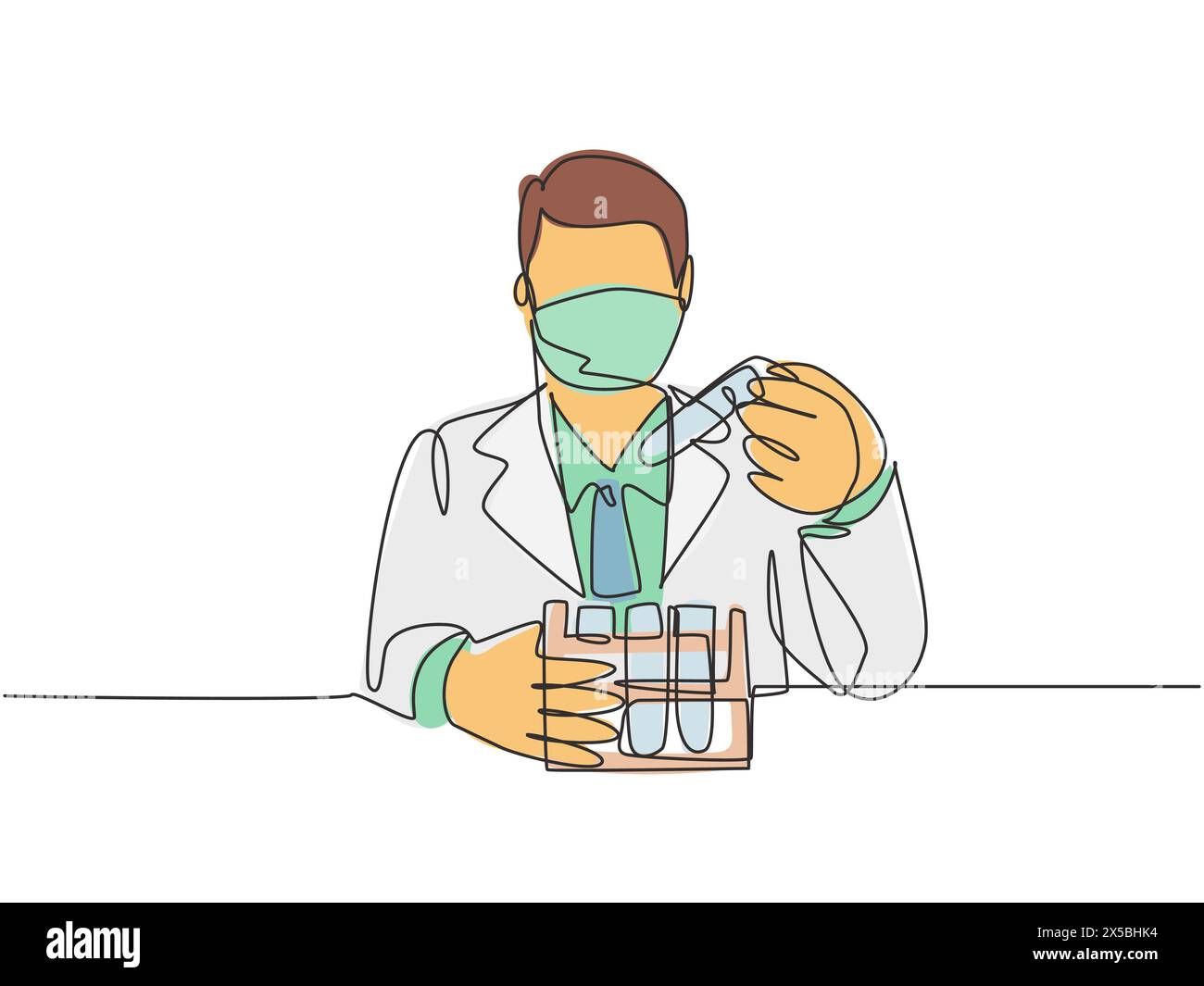 One continuous line drawing of young male laboratorian test blood ...