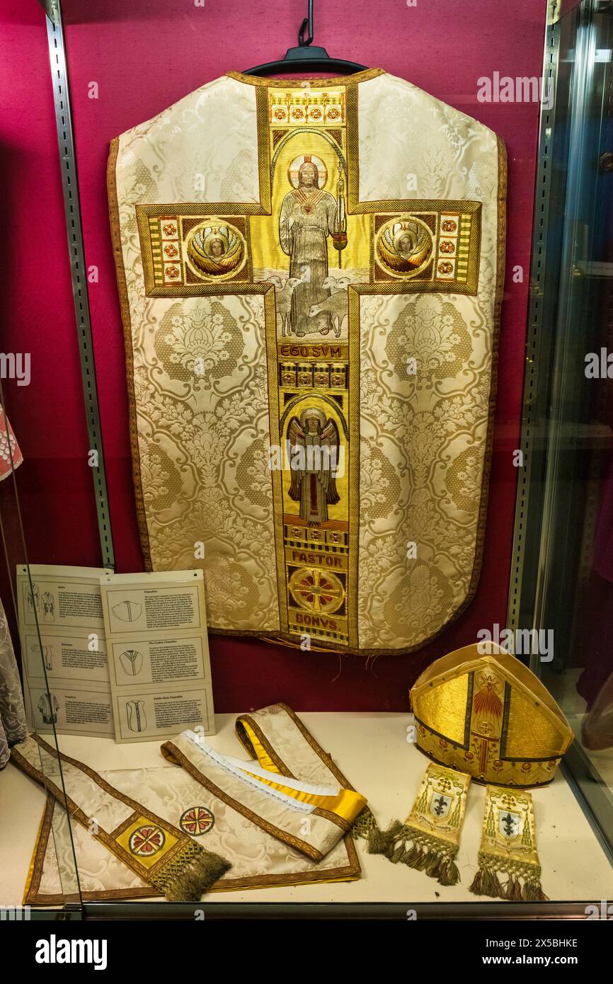 Liturgical vestments (chasuble, mitre) inside the Mosaic museum at the ...