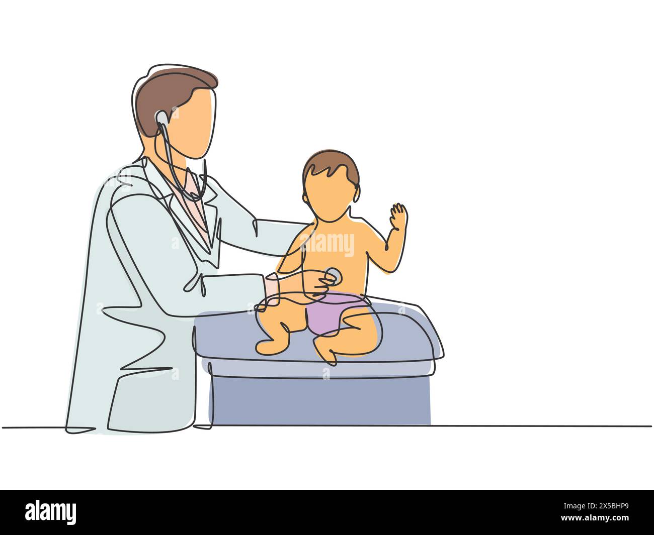 Single continuous line drawing of young male pediatric doctor examining ...
