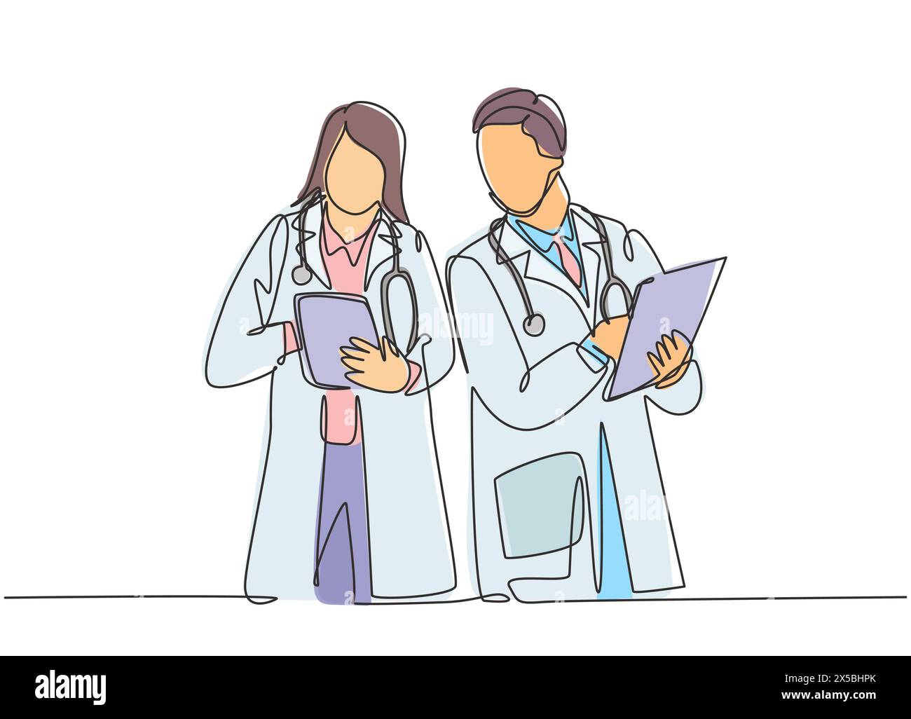 Single continuous line drawing of young couple male female doctors ...