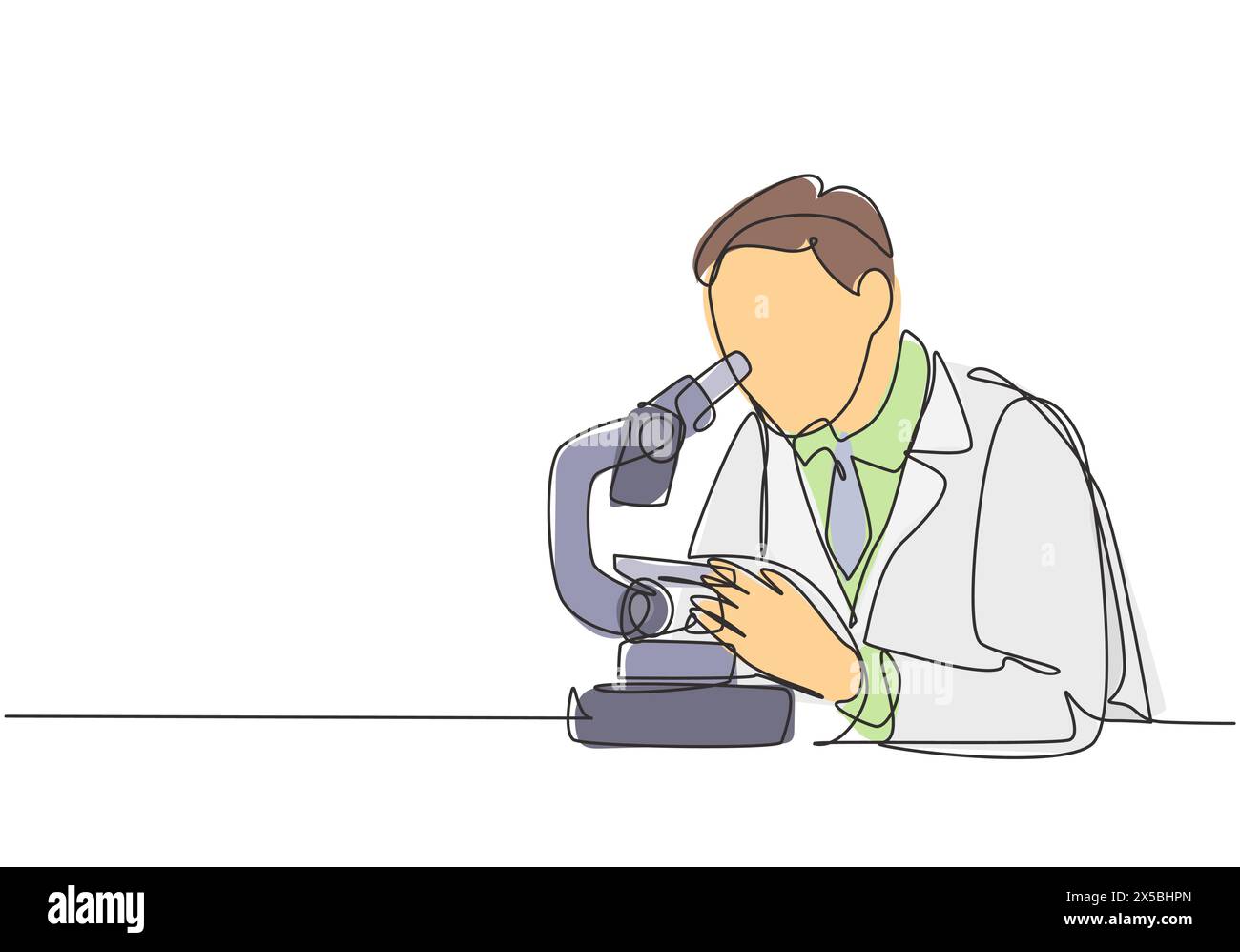 One continuous line drawing of young male scientist analyze corona ...