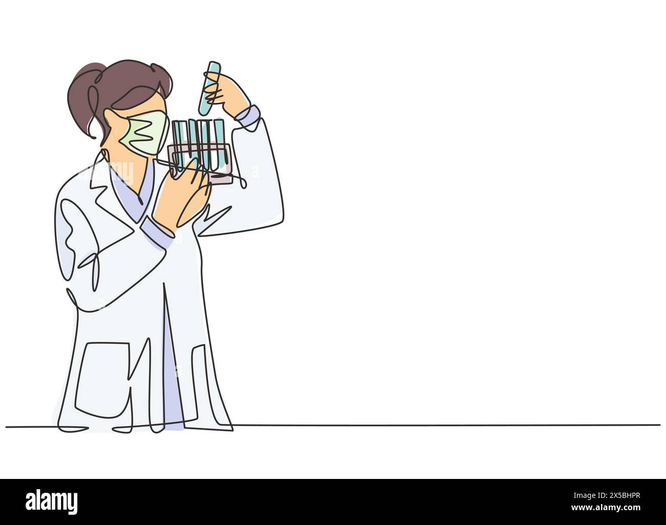 One continuous line drawing of young female laboratorian analyze ...
