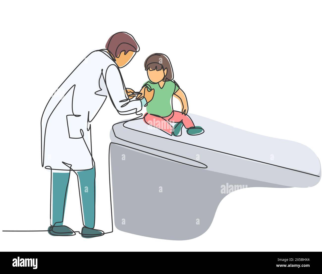 Single continuous line drawing of young male pediatric doctor giving ...