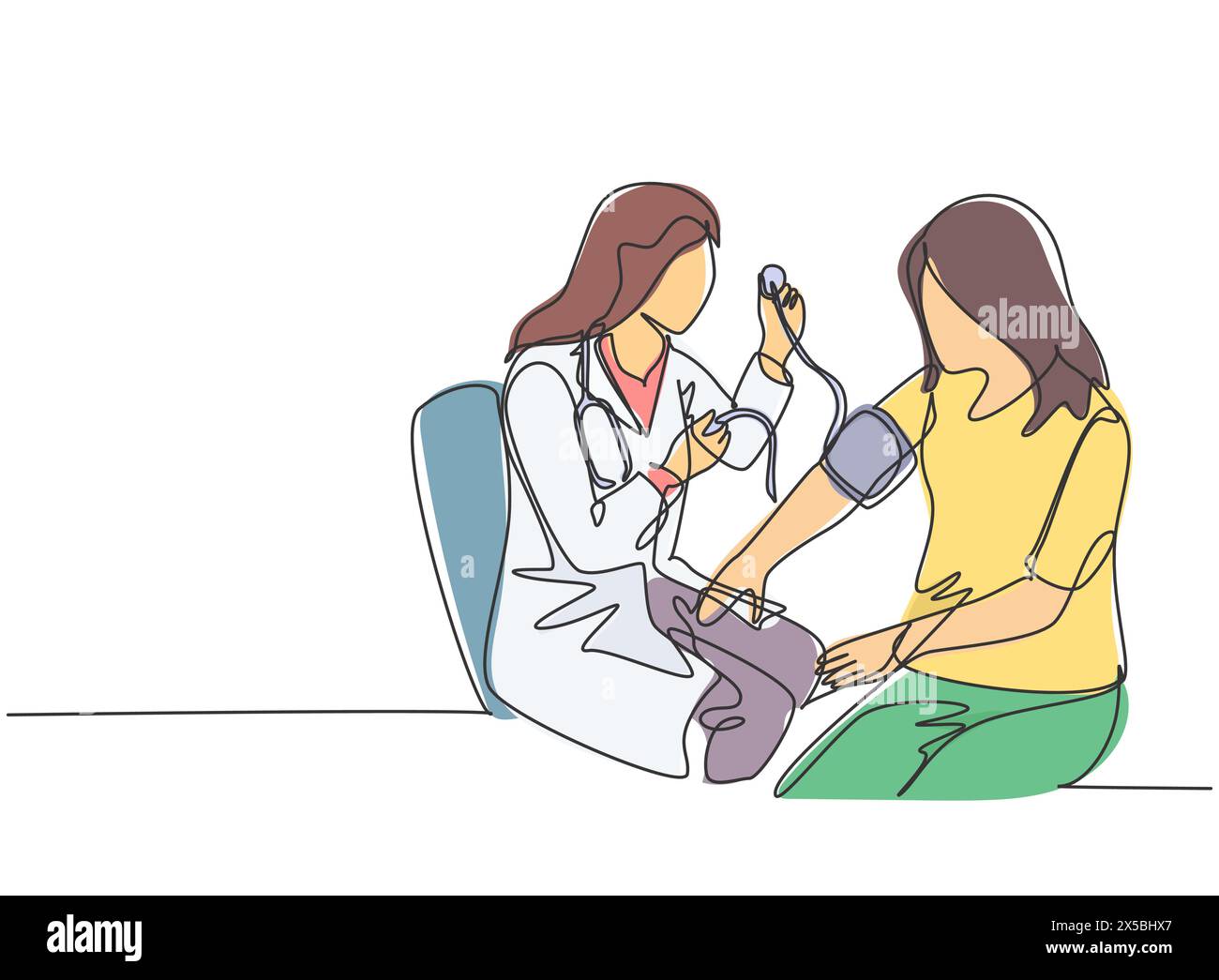 One continuous line drawing of young female doctor checking patient ...