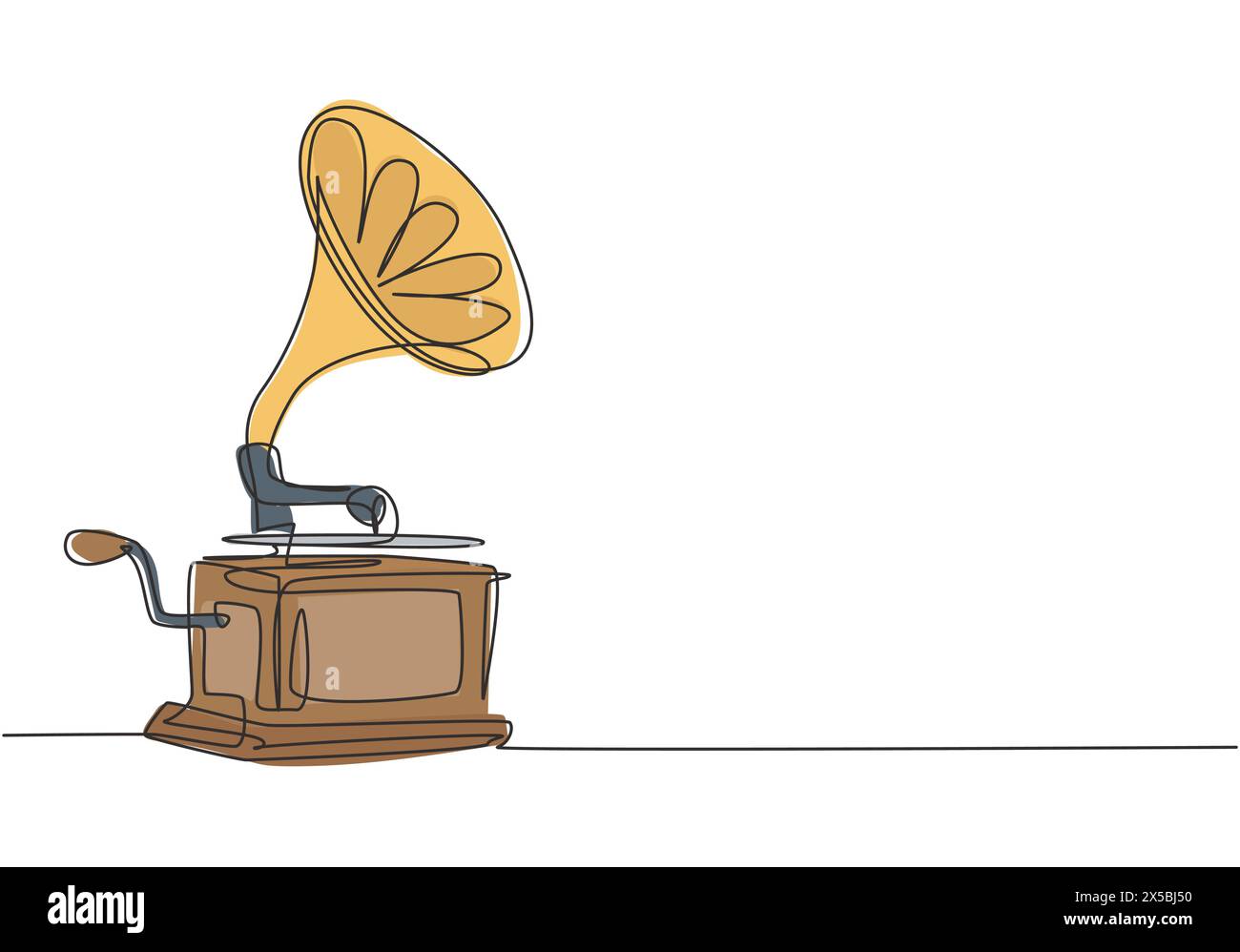 One continuous line drawing of old retro analog gramophone with vinyl ...