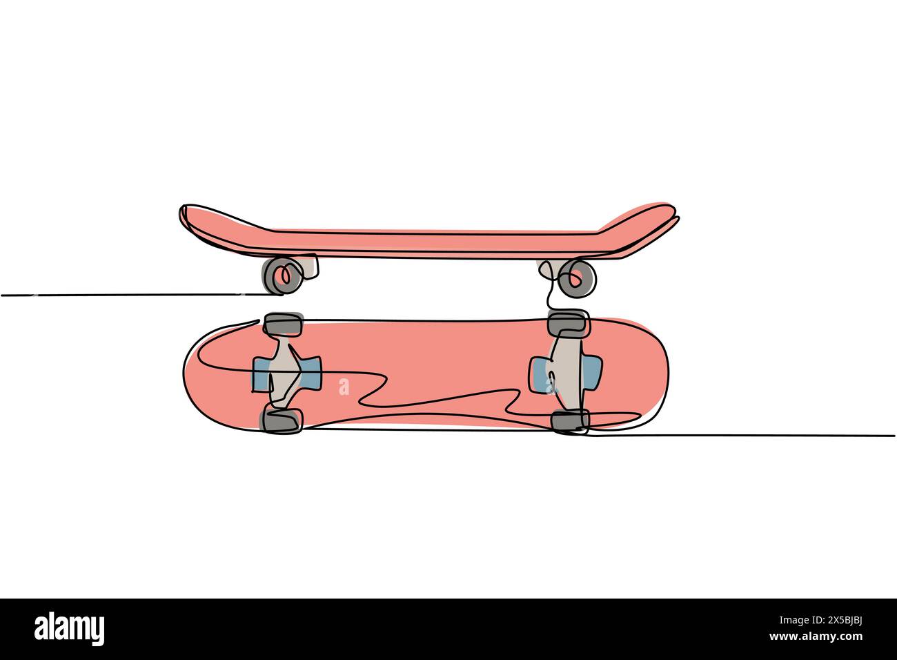 One continuous line drawing of set of old retro skateboard, side and ...