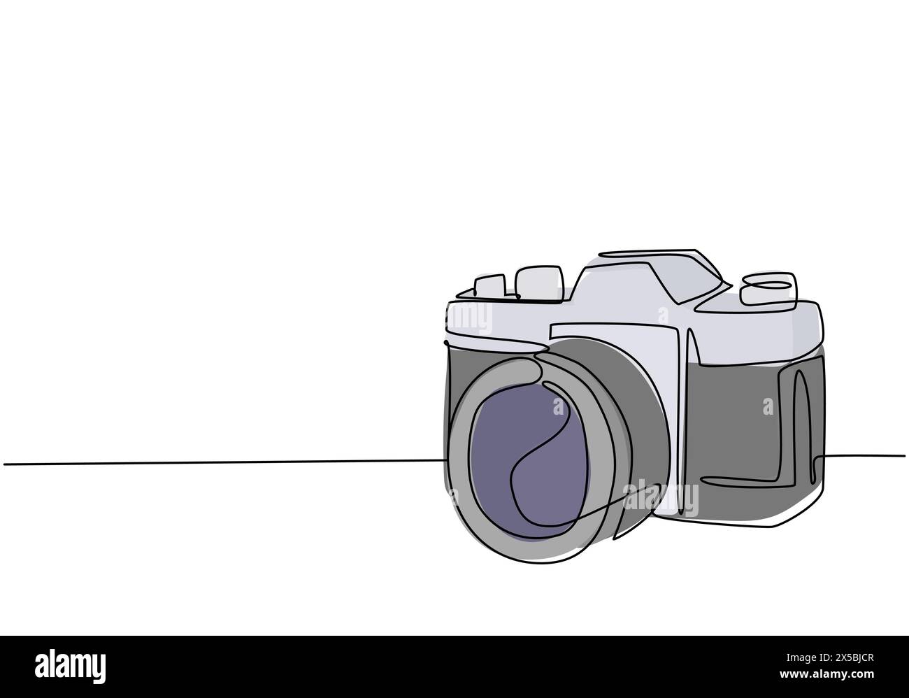 One single line drawing of old retro analog slr camera with telephoto ...