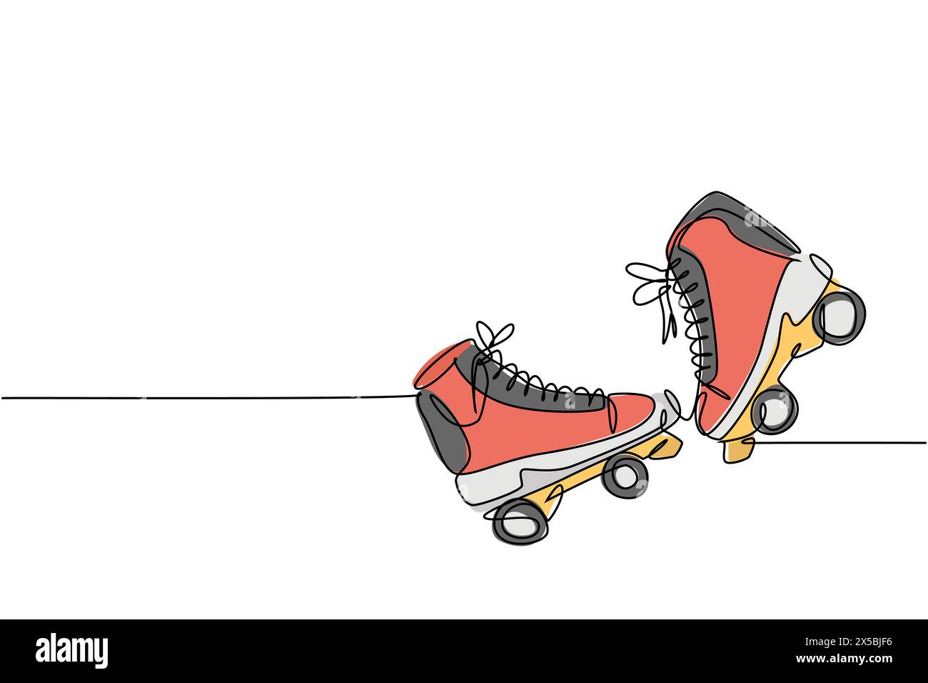 One single line drawing of pair of old retro plastic quad roller skate ...