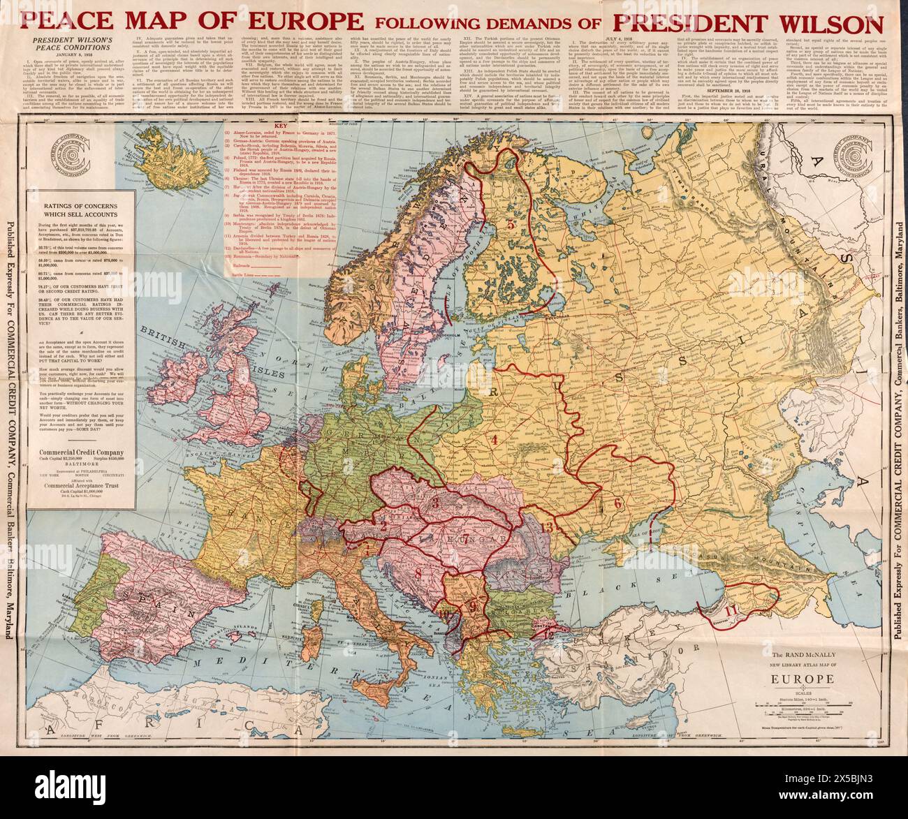 Vintage post WWI historic Map: Peace Map of Europe following demands of ...