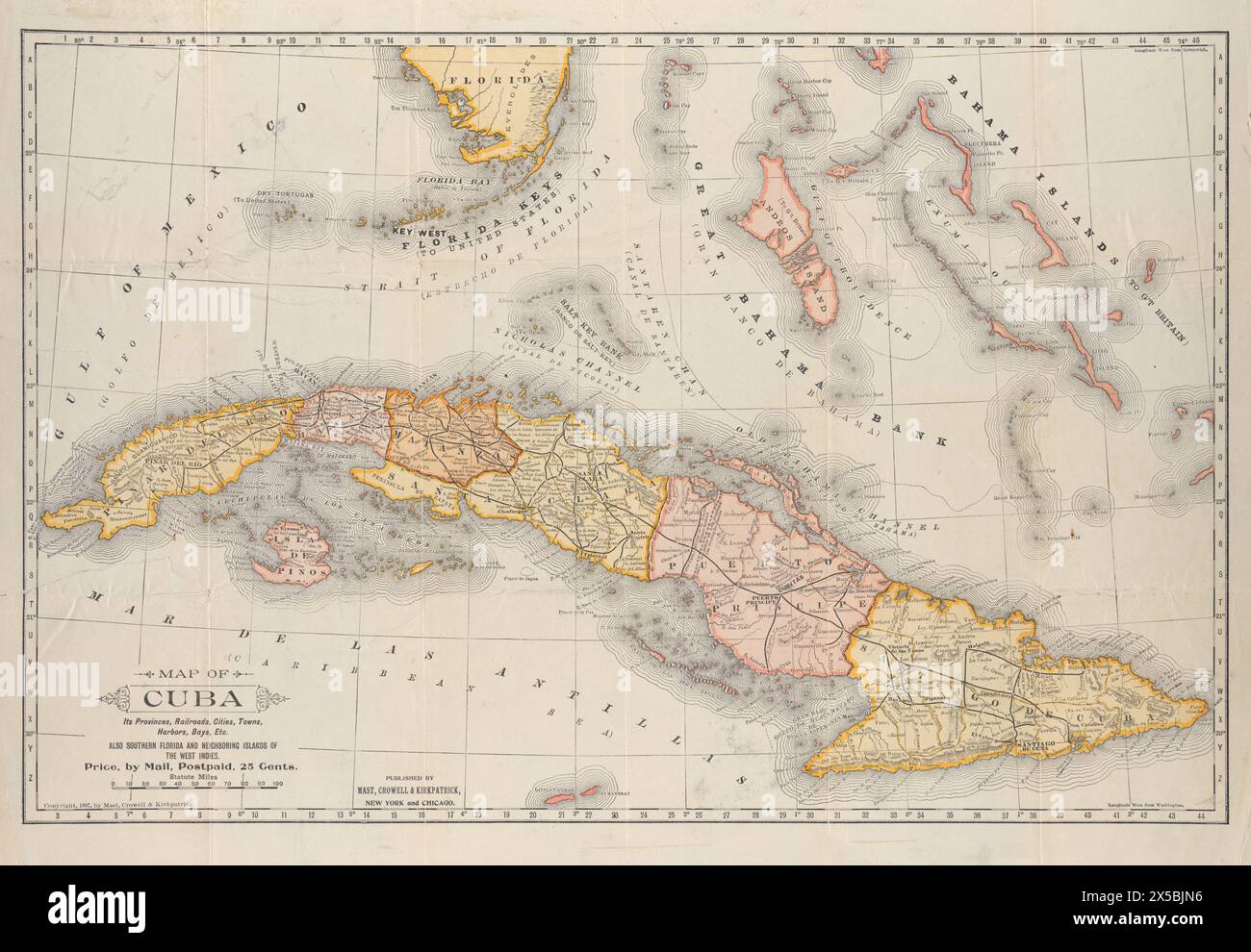 Vintage map of Cuba. 1897. published by Mast, Crowell and Kirkpatrick ...