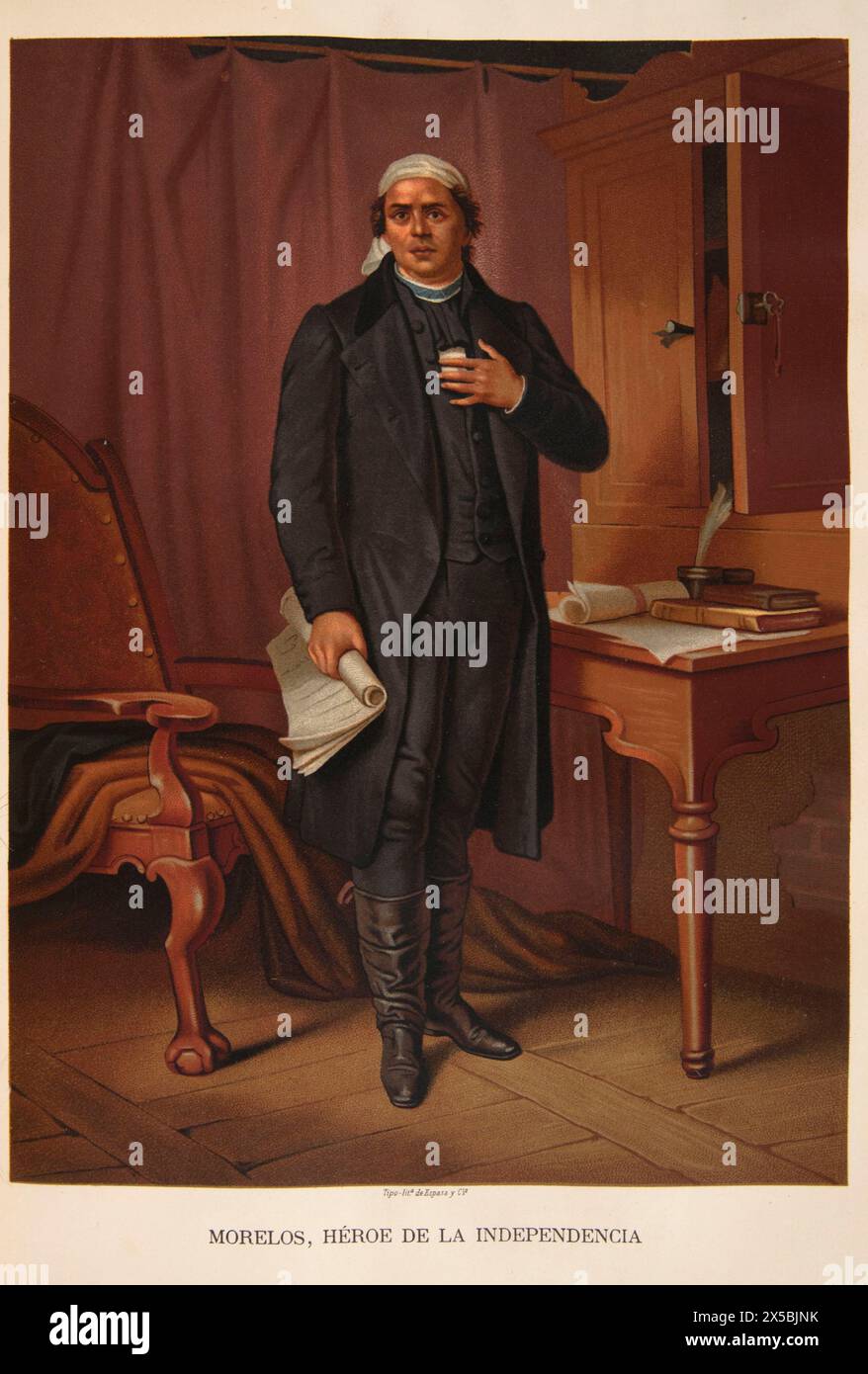 Mexican historical portrait of José María Morelos hero from Independence movement. Lithograph by ...