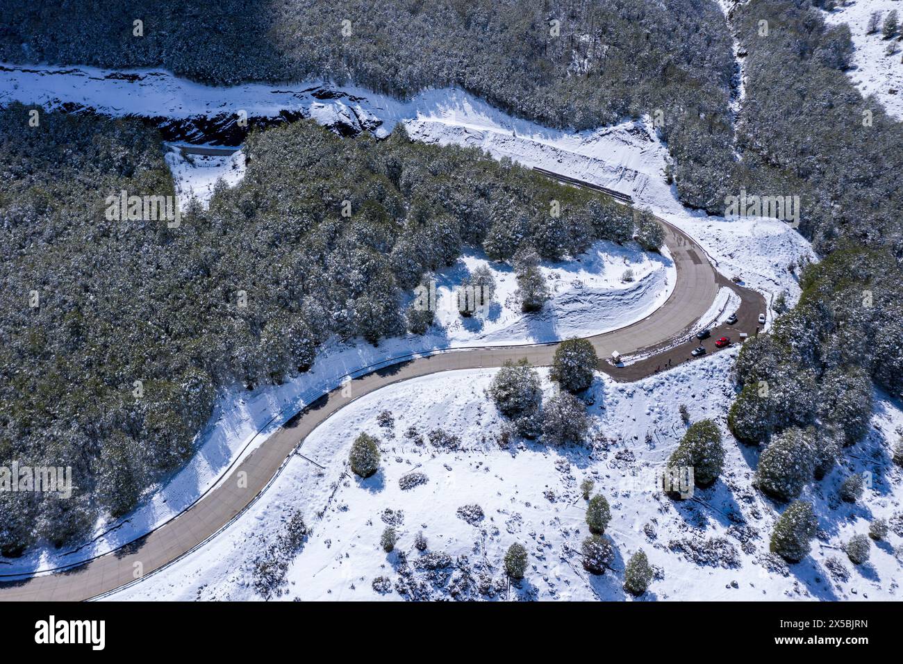 Mountain pass down to village Villa Cerro Castillo, aerial view of ...