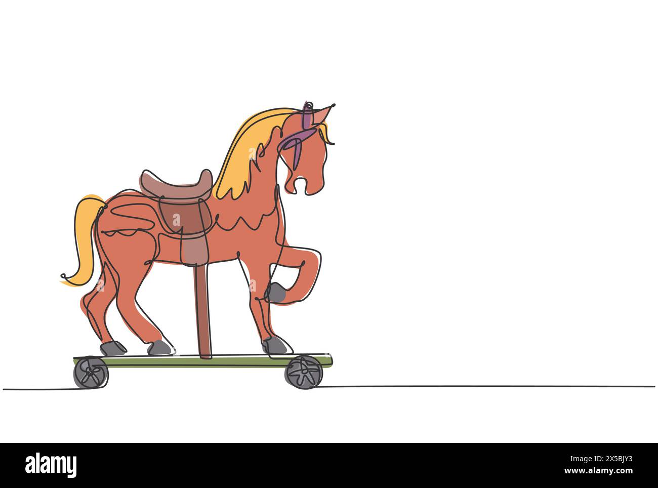 One continuous line drawing of retro old vintage wooden horse toy ...