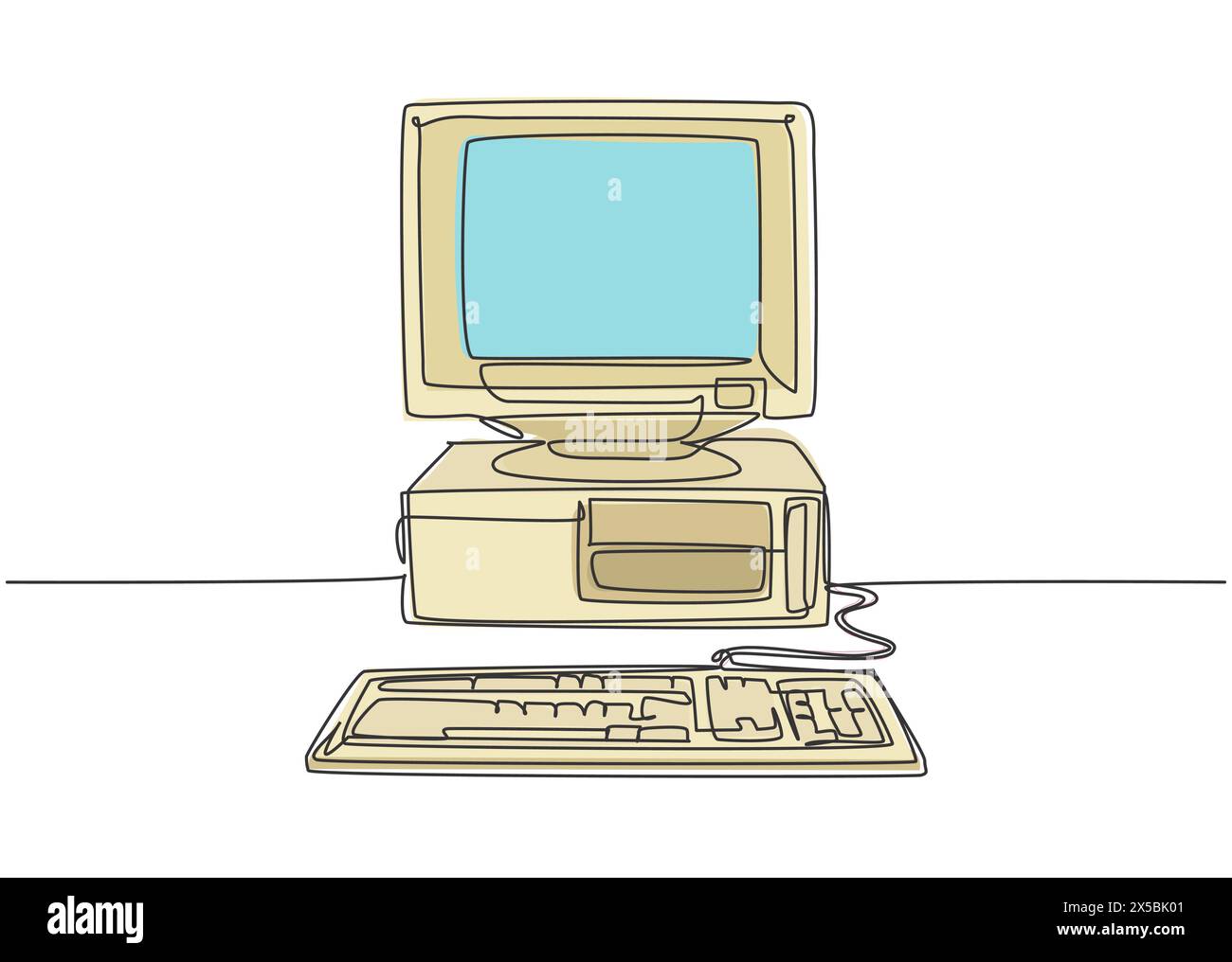 Single continuous line drawing of retro old classic personal computer processor unit. Vintage ...